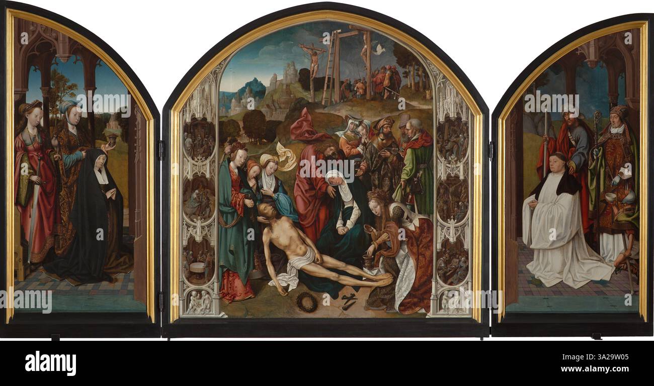 Cornelis Engebrechtsz.'s 'Drieluik' with the Lamentation of Christ features scenes of Christ’s ...