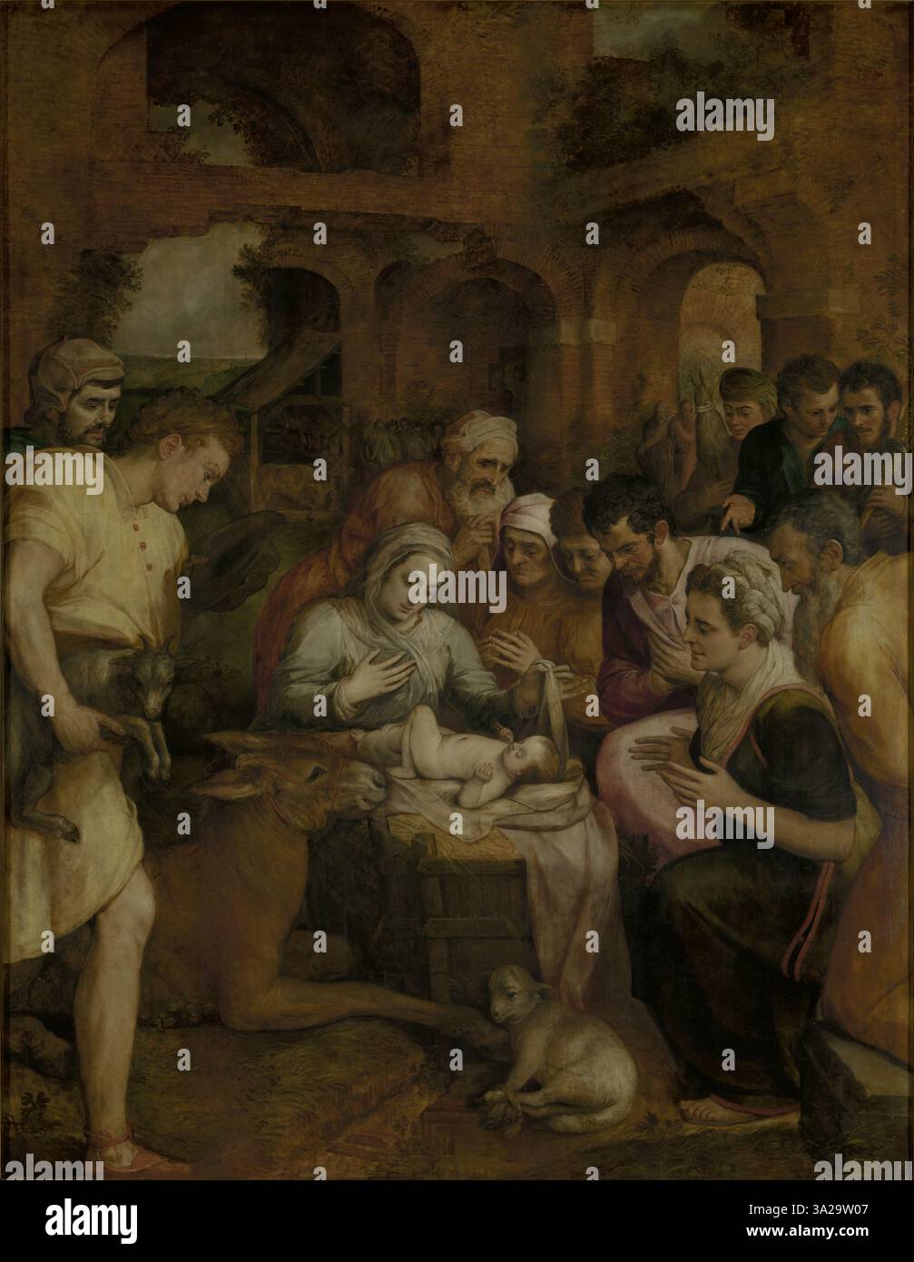 This painting by Frans Floris I from 1568 portrays the biblical scene of the shepherds ...