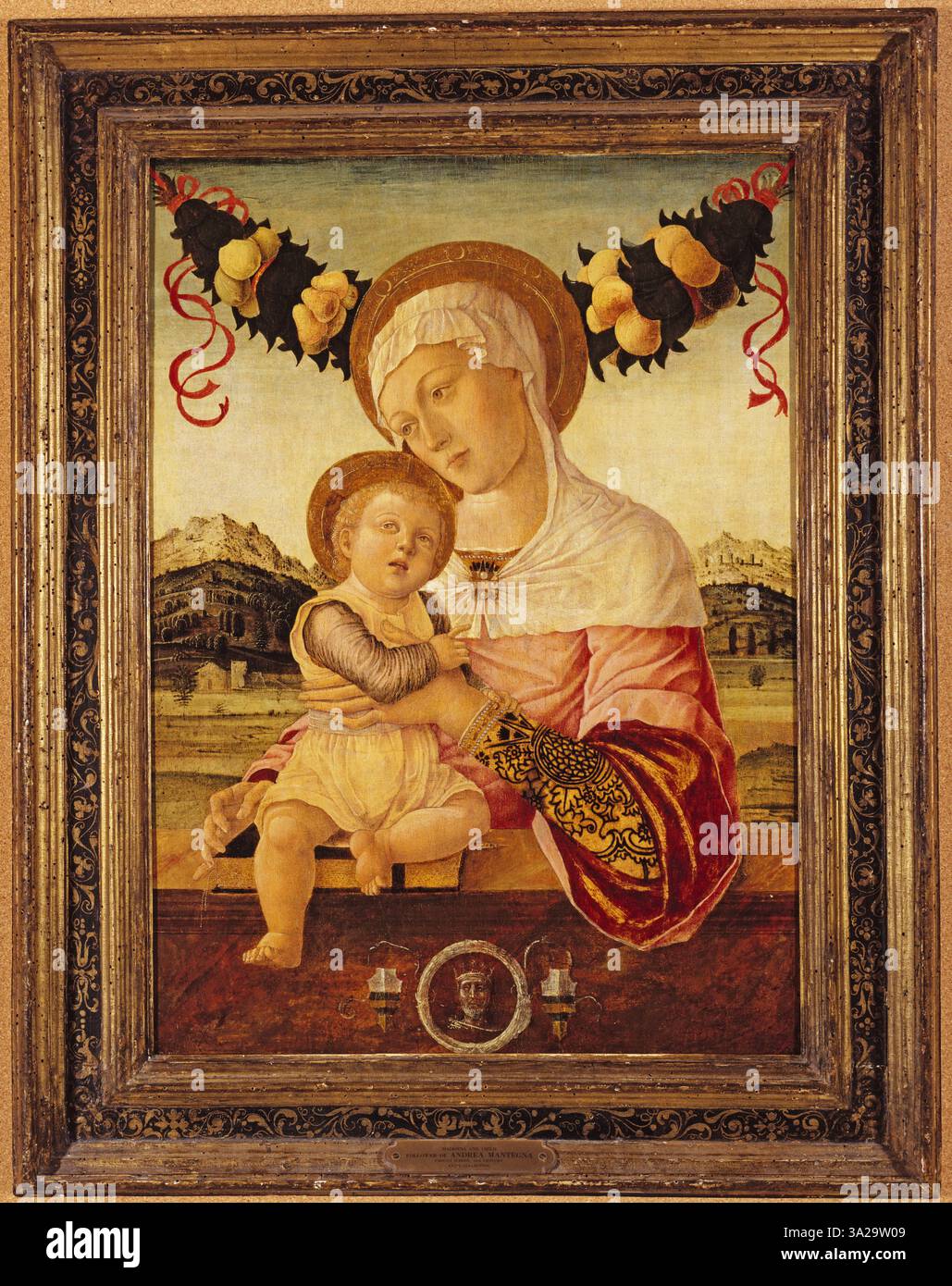 This painting, attributed to a follower of Andrea Mantegna, depicts the Madonna and Child in a ...