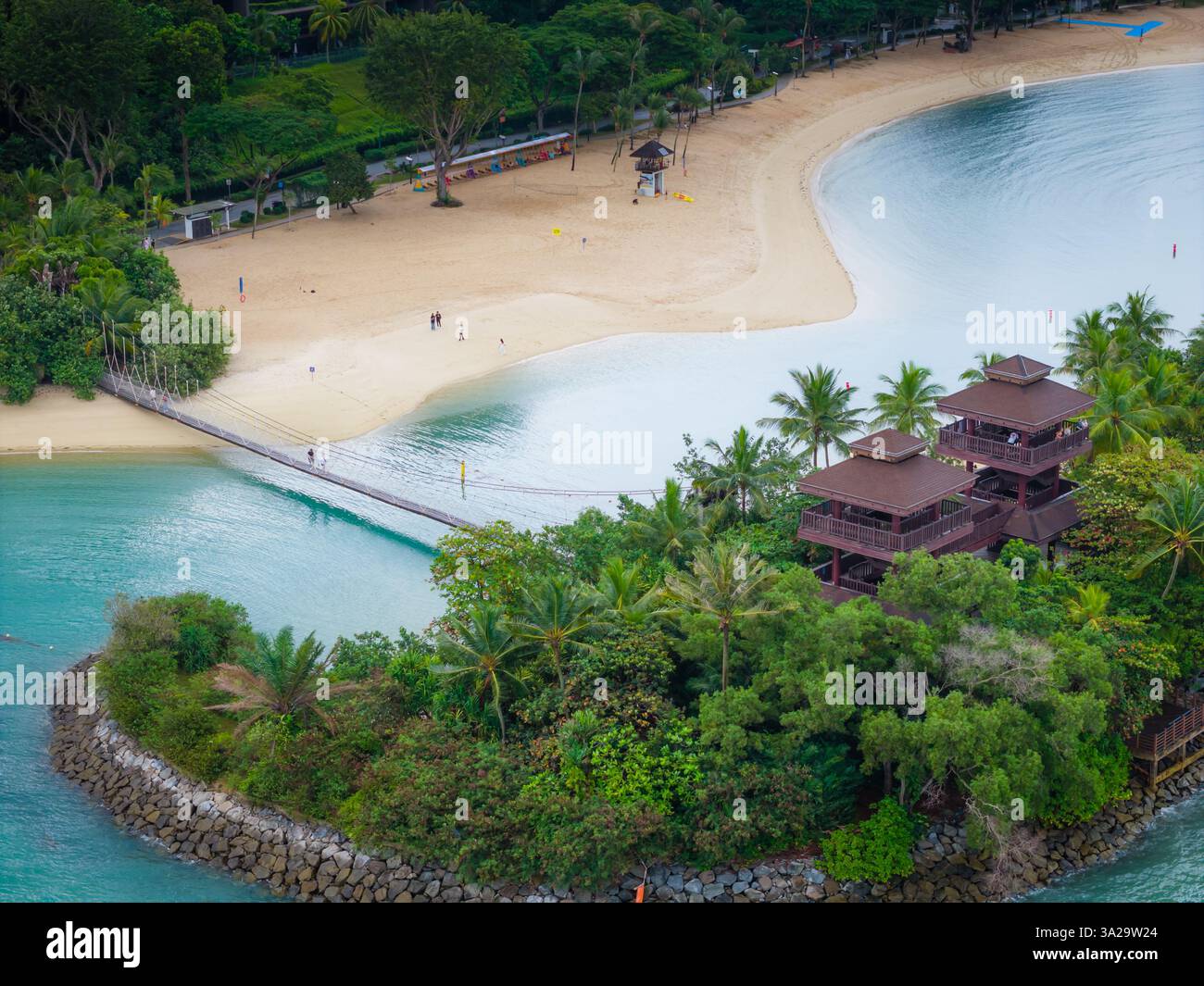 Sentosa island Palawan beach and Singapore panoramic view. Aerial drone ...