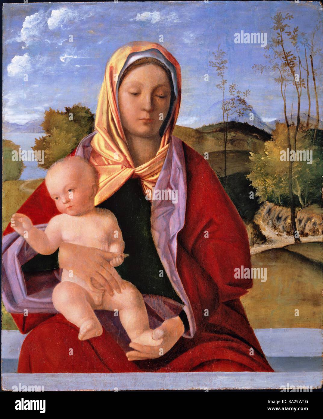 This work, attributed to a follower of Giovanni Bellini, depicts the Madonna and Child in a ...