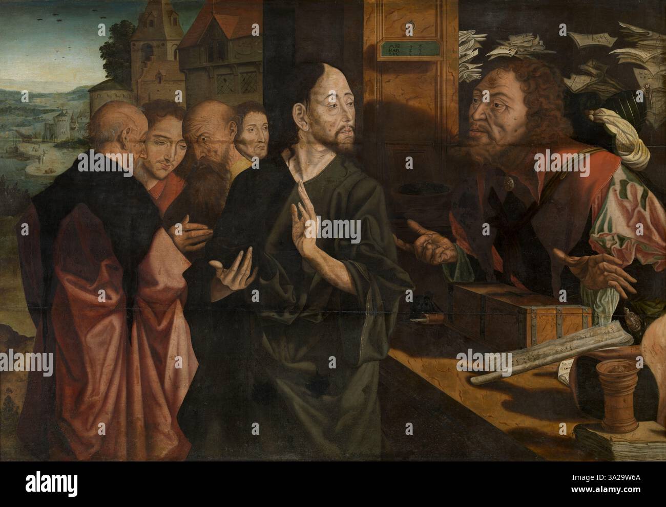 The Calling of Matthew, painted by Marinus van Reymerswale, shows the ...