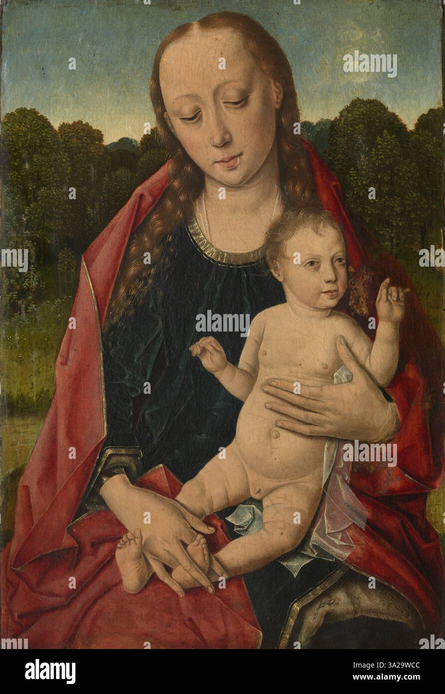 This painting by Dieric Bouts shows the Madonna and Child in a tender, devotional scene. Painted ...
