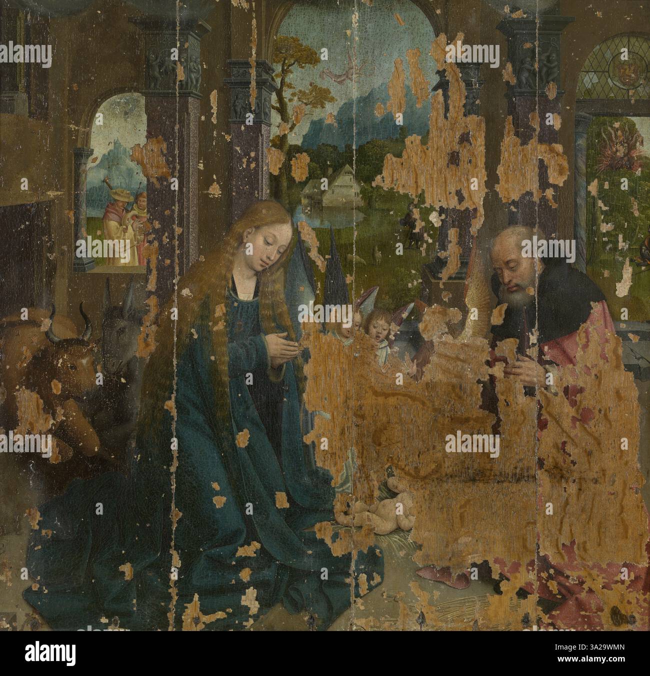 This depiction of the Nativity by Bernard van Orley portrays the birth of Jesus, focusing on the ...