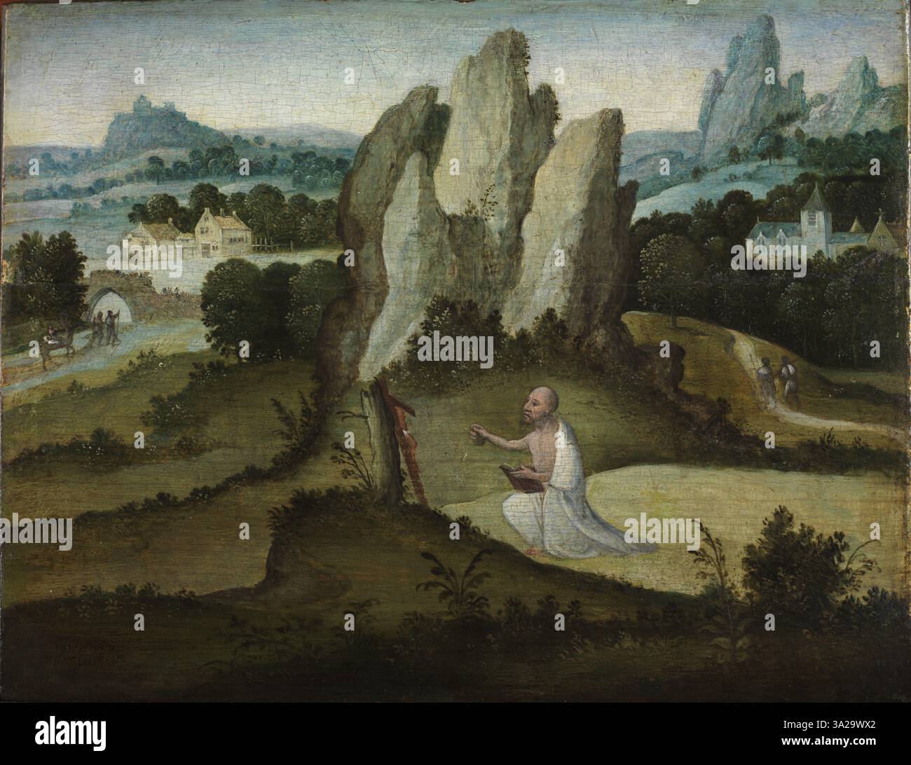 This 16th-century painting by Joachim Patinir depicts Saint Jerome in a rocky landscape, engaged ...