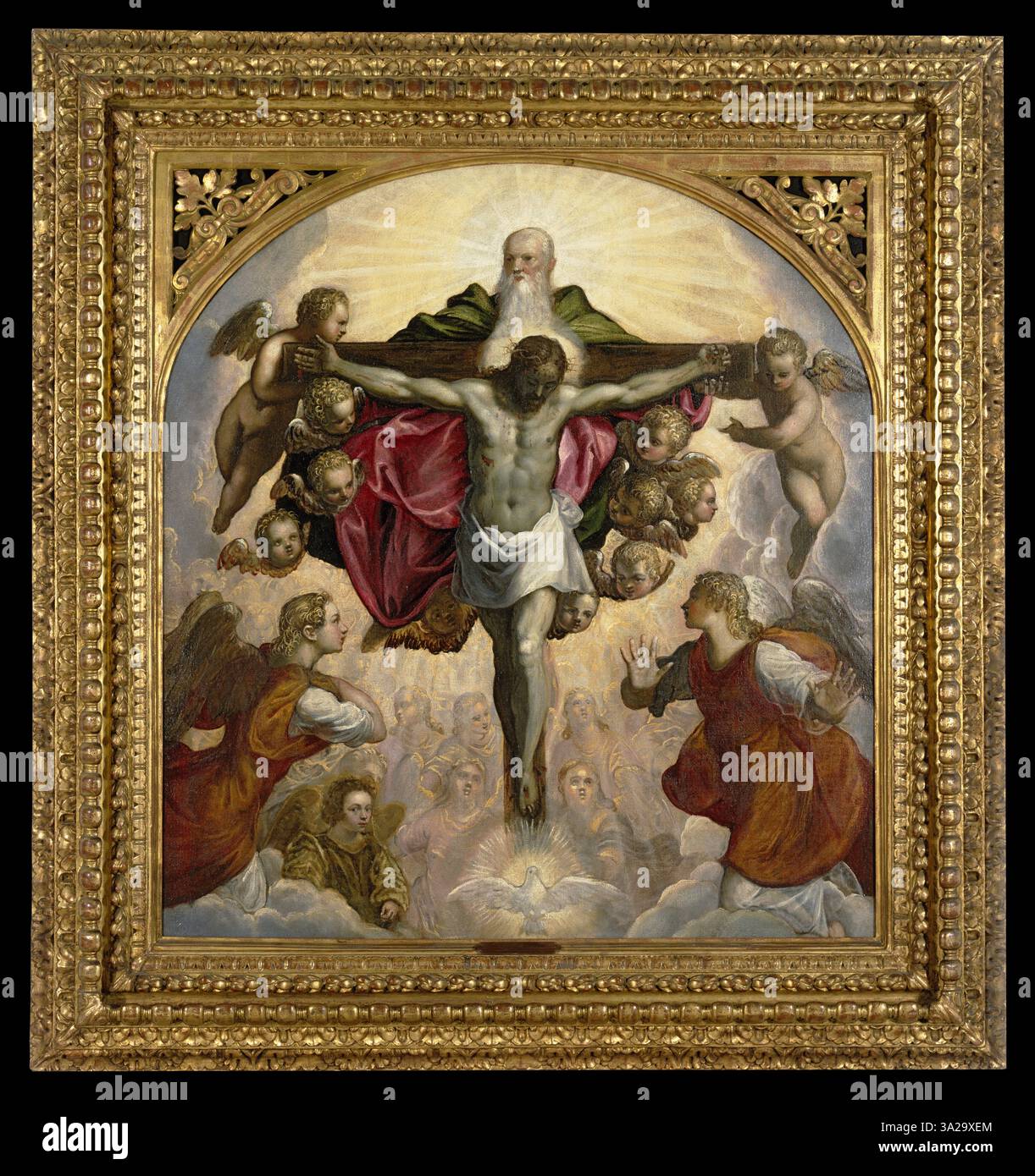 This painting depicts the Holy Trinity adored by angels, with ...
