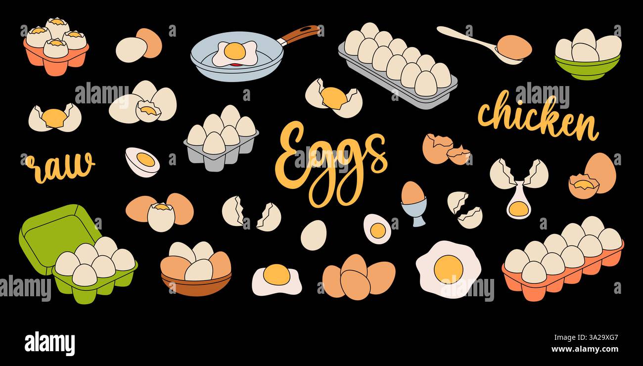 Chicken eggs set. Raw and boiled eggs, broken and whole eggshells. Organic farm product. Farming ...