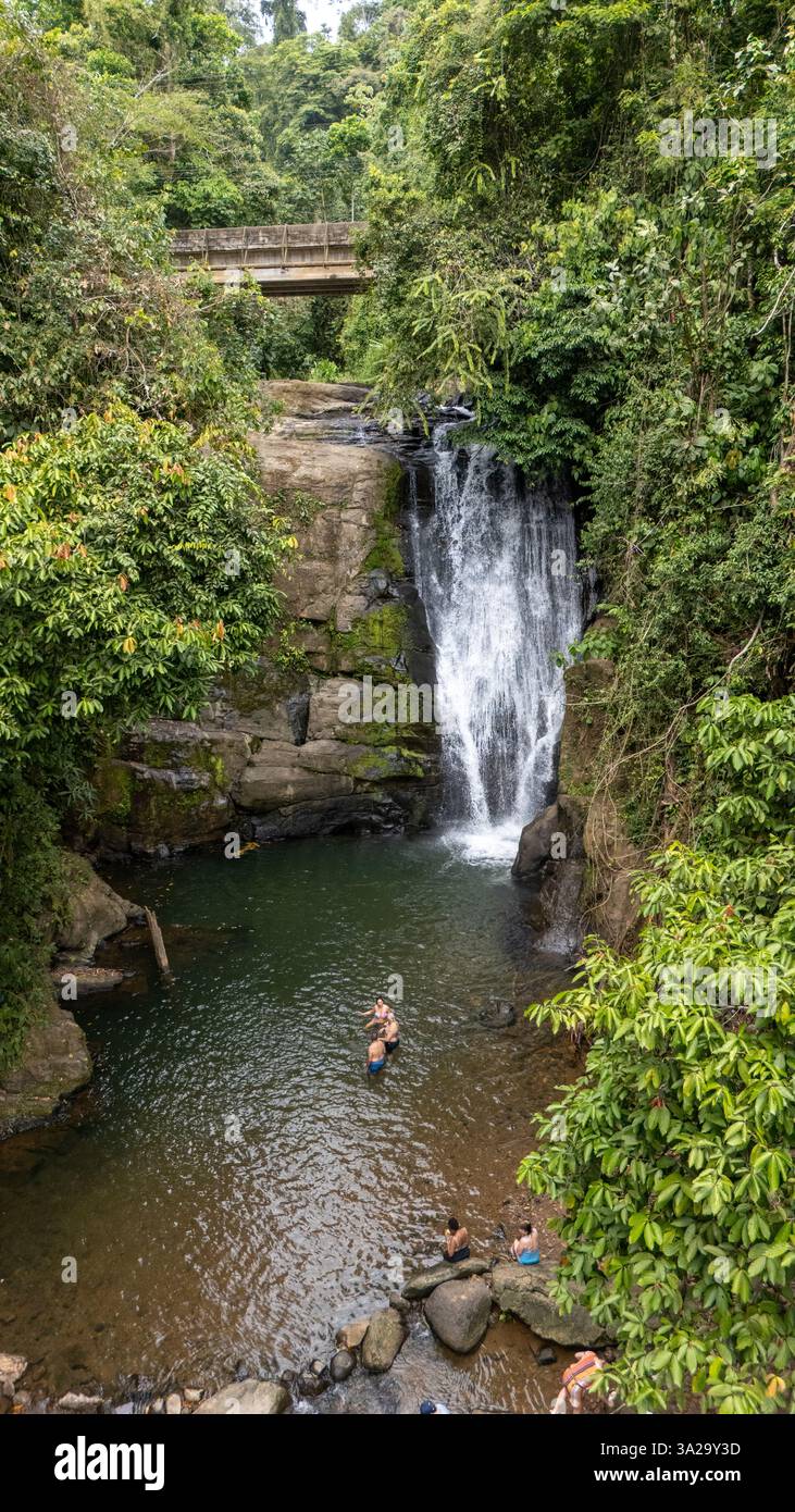 Drone aerial view of Waterfall in Costa Rica at the Caribbean in BriBri ...