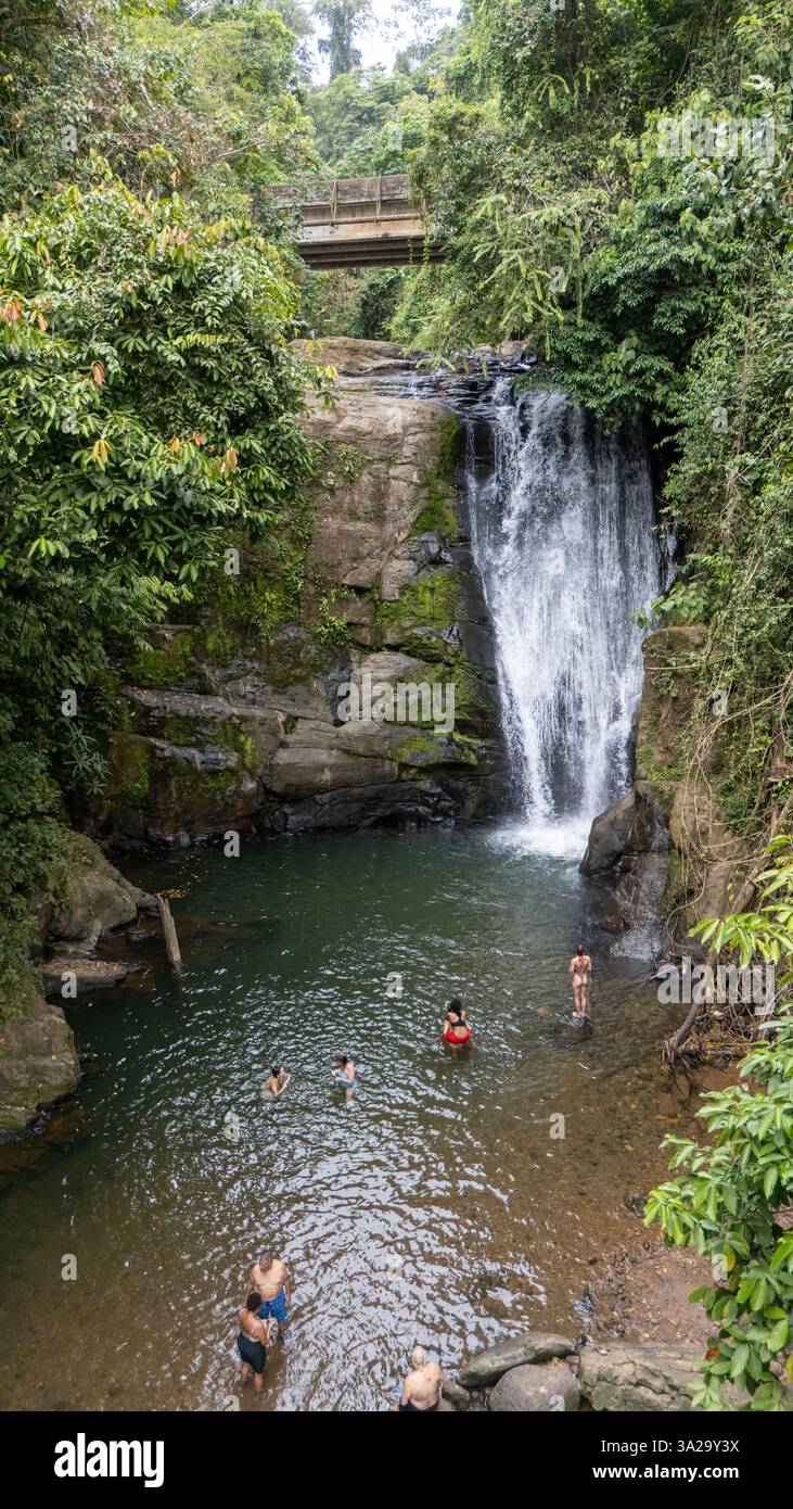 Drone aerial view of Waterfall in Costa Rica at the Caribbean in BriBri ...