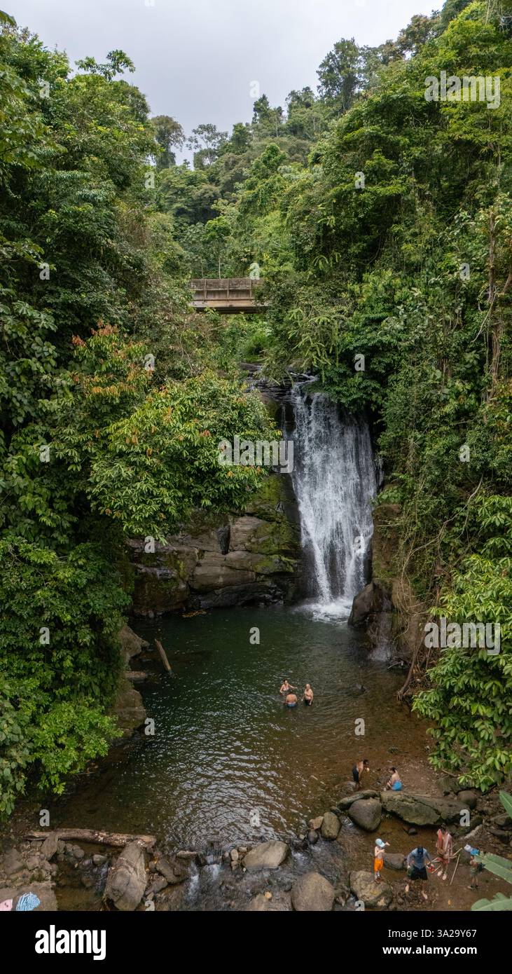 Drone aerial view of Waterfall in Costa Rica at the Caribbean in BriBri ...