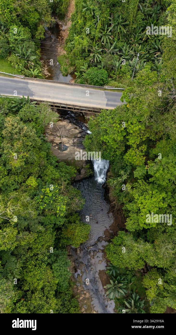 Drone aerial view of Waterfall in Costa Rica at the Caribbean in BriBri ...