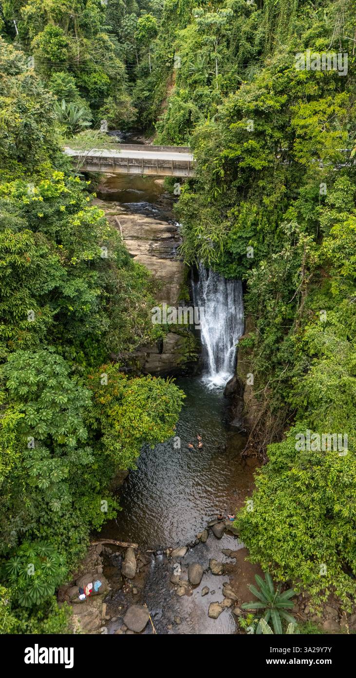 Drone aerial view of Waterfall in Costa Rica at the Caribbean in BriBri ...