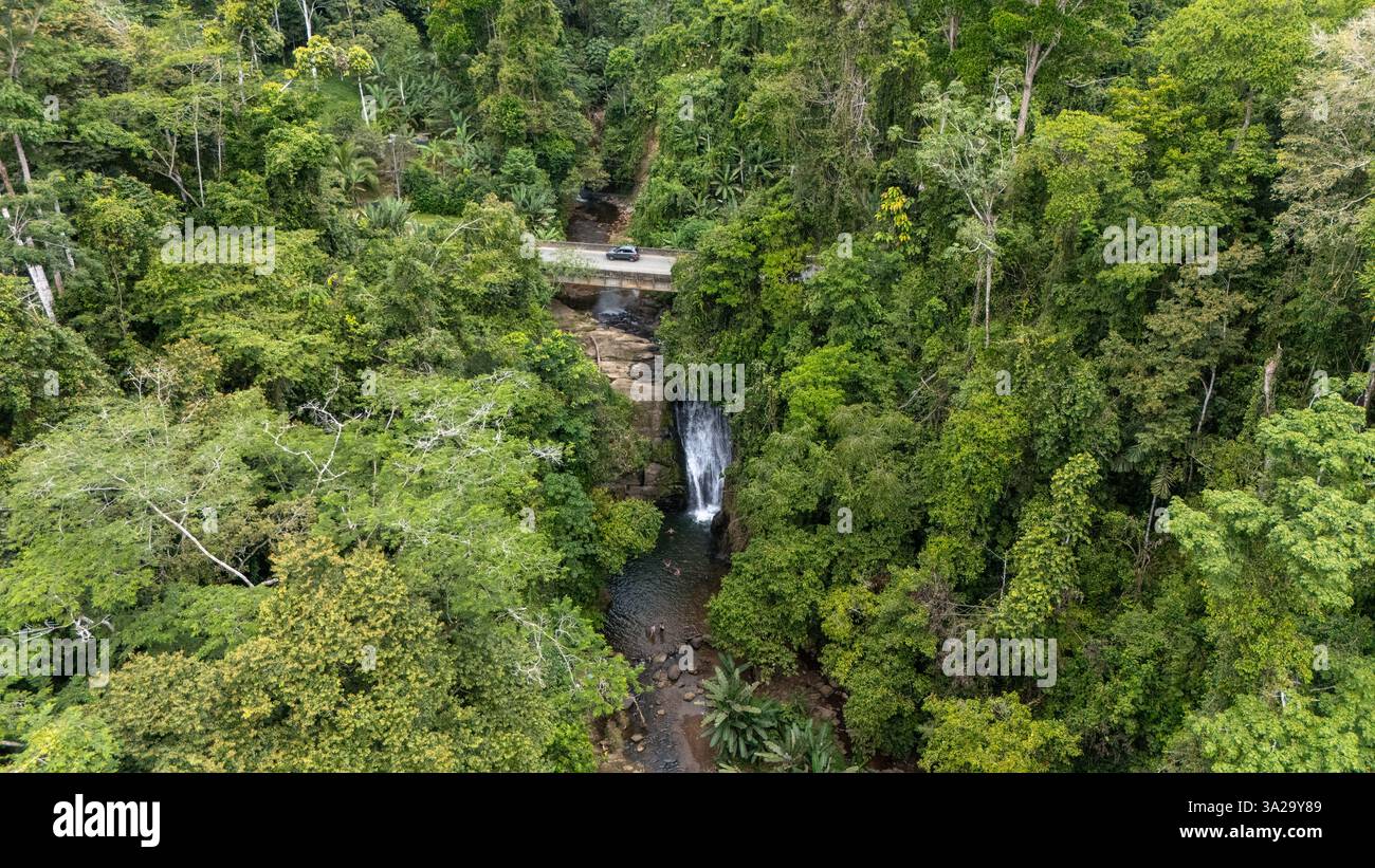 Drone aerial view of Waterfall in Costa Rica at the Caribbean in BriBri ...