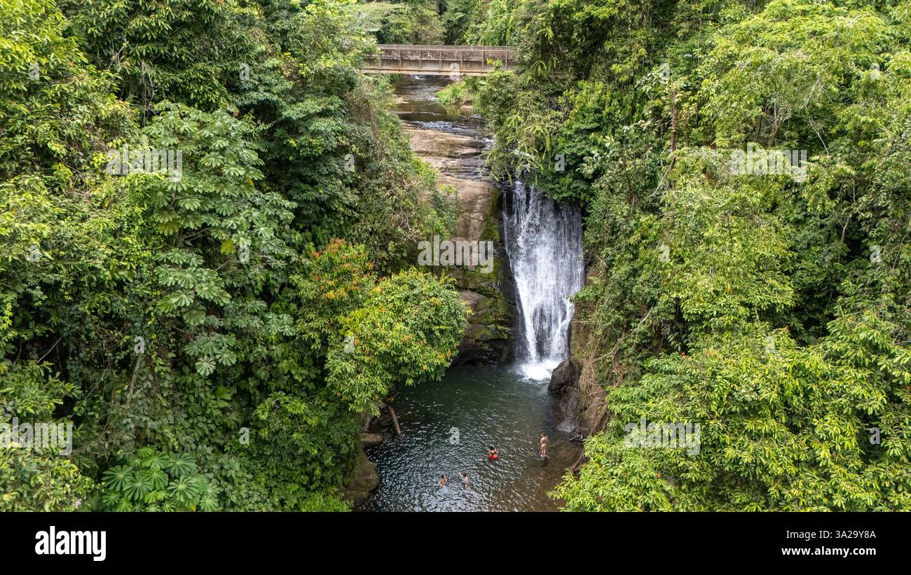 Drone aerial view of Waterfall in Costa Rica at the Caribbean in BriBri ...