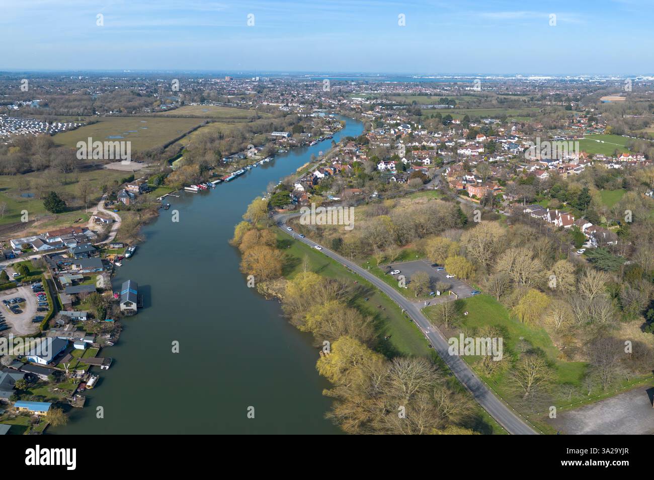 Aerial view of the River Thames at Laleham, Spelthorne, Surrey, UK ...