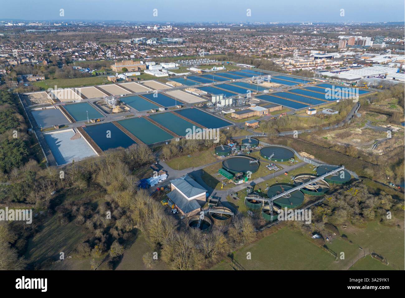 Aerial view of the Ashford Common Advanced Water Treatment Works ...