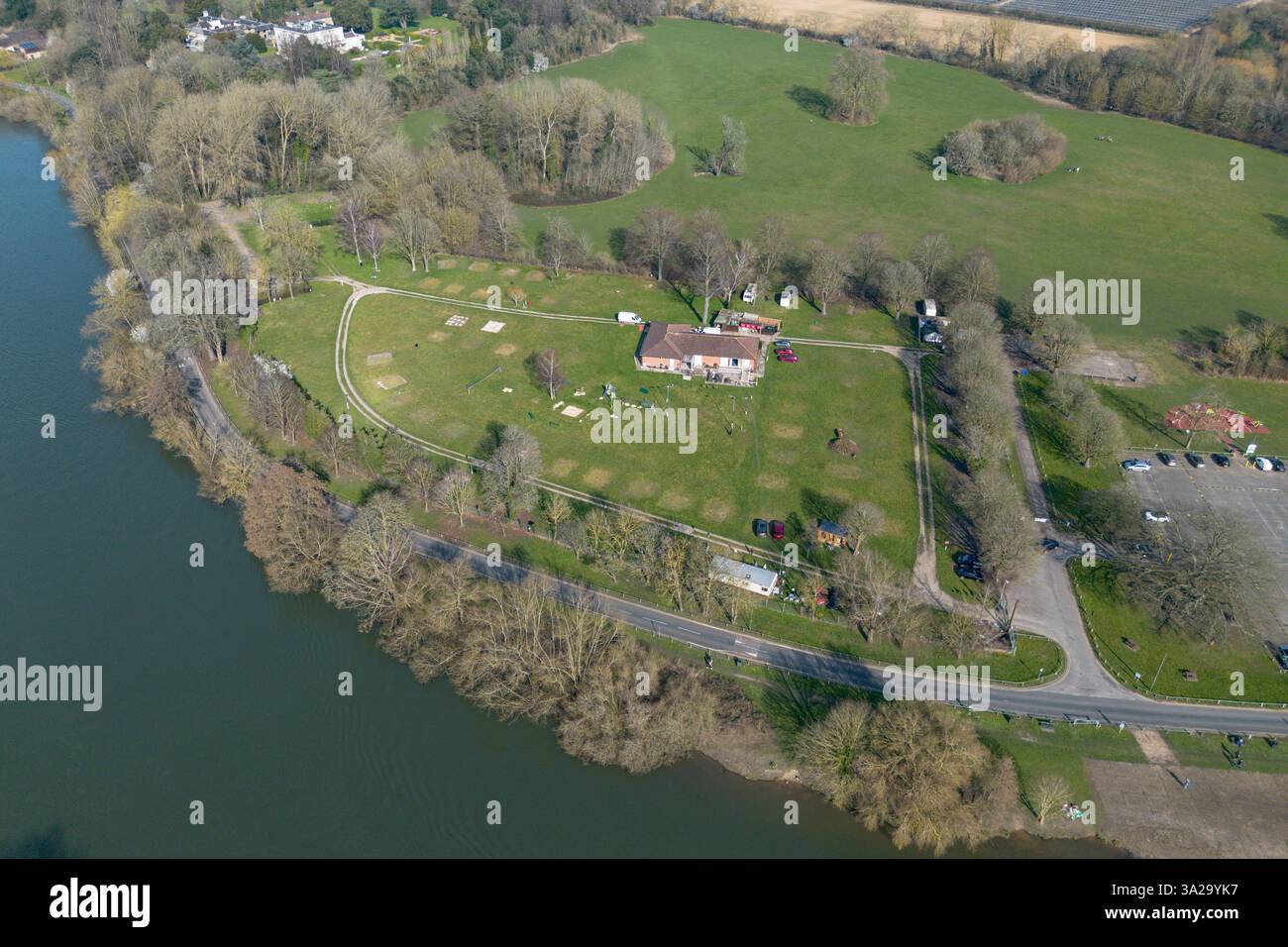 Aerial view of the River Thames at Laleham, Spelthorne, Surrey, UK ...