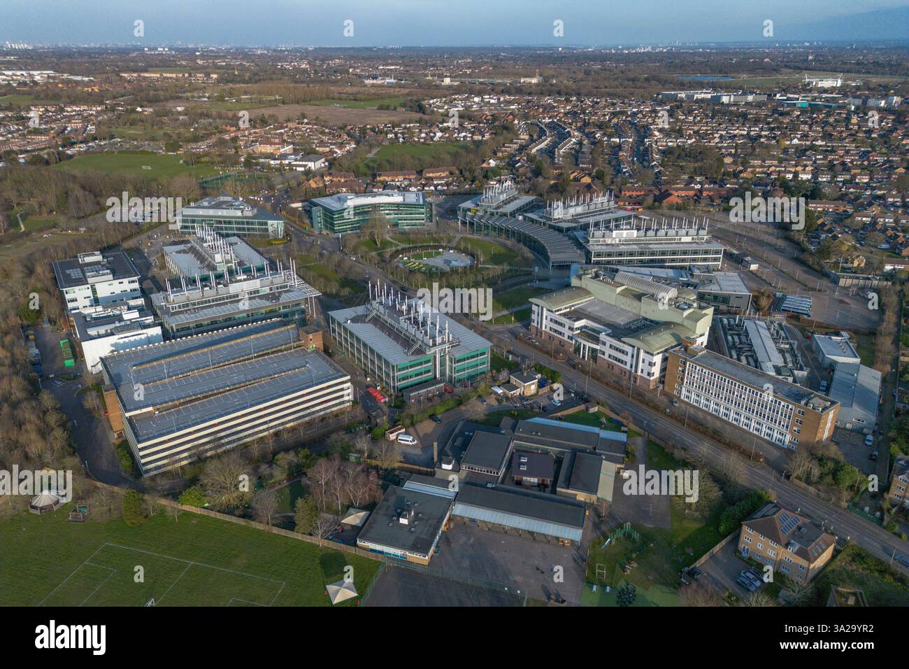 Aerial view of UK corporate offices of BP Exploration, Sunbury, UK ...