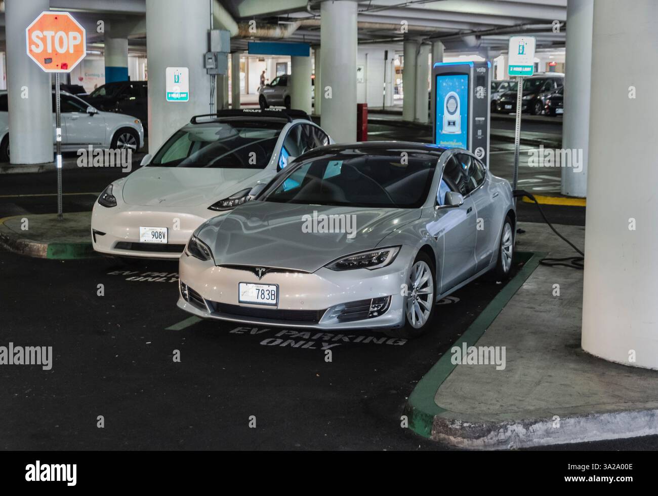 Oahu, Hawaii, USA - February 22, 2024 - Two Tesla vehicles charging at ...