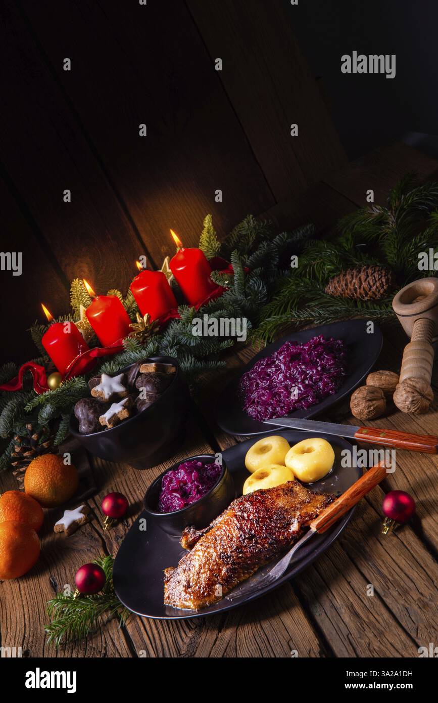 Classic and crispy roast duck with cabbage and dumplings Stock Photo ...