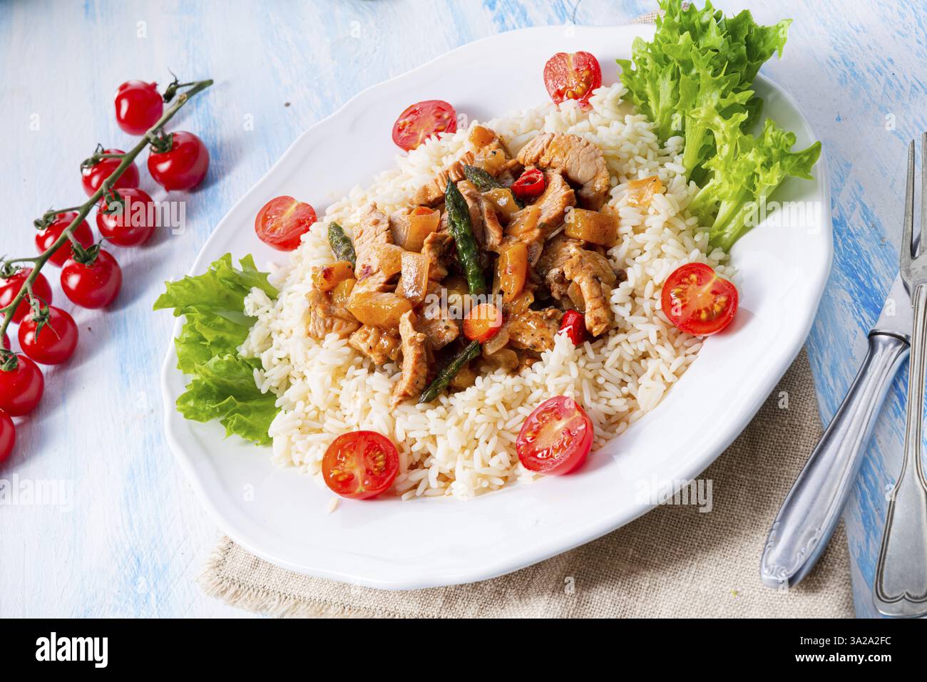 Turkey fricassee on rice with asparagus and peppers Stock Photo - Alamy