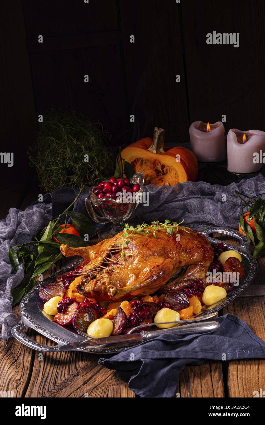 Roast duck with potato dumplings and plums Stock Photo - Alamy