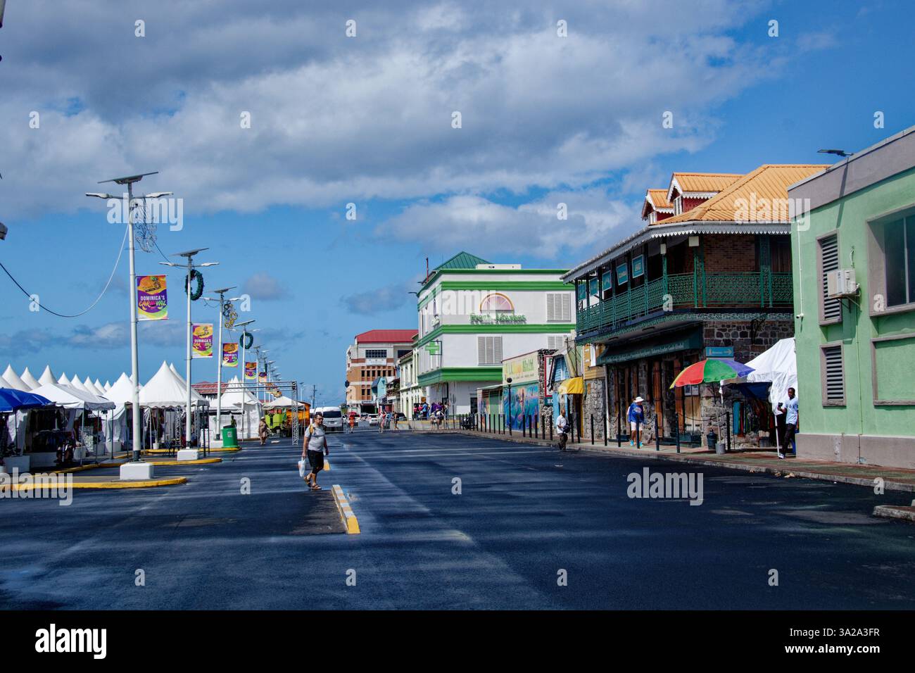 Roseau Dominica - Harbor Street with vendor booths on one side and ...