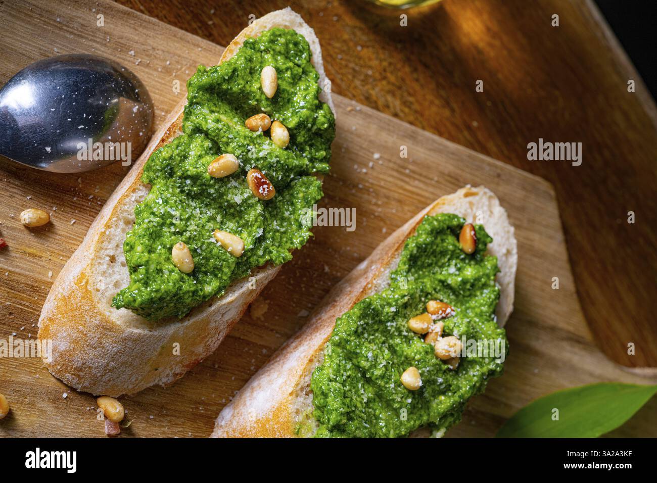 Rustic wild garlic pesto baguette Stock Photo - Alamy