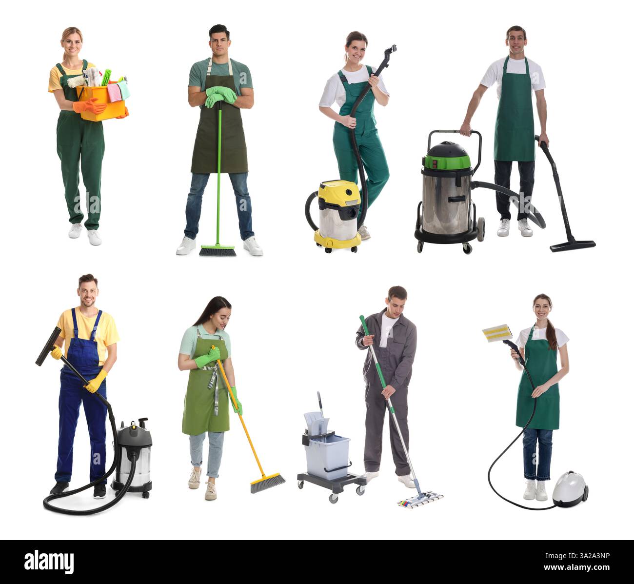 Cleaning service workers with supplies on white background, set Stock ...