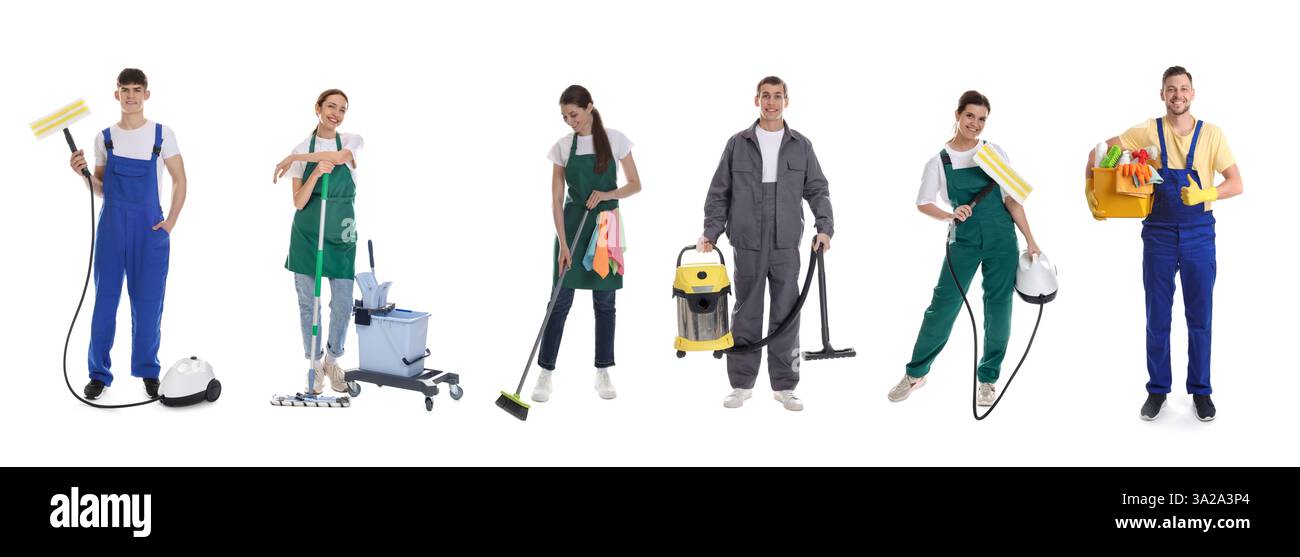 Cleaning service workers with supplies on white background, set Stock ...