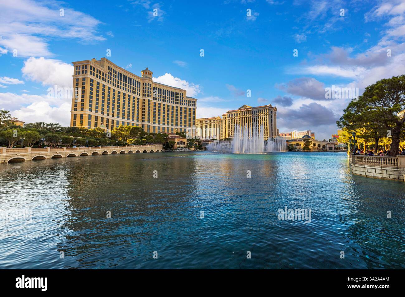 Bellagio Hotel with fountains against blue sky and white clouds in Las ...