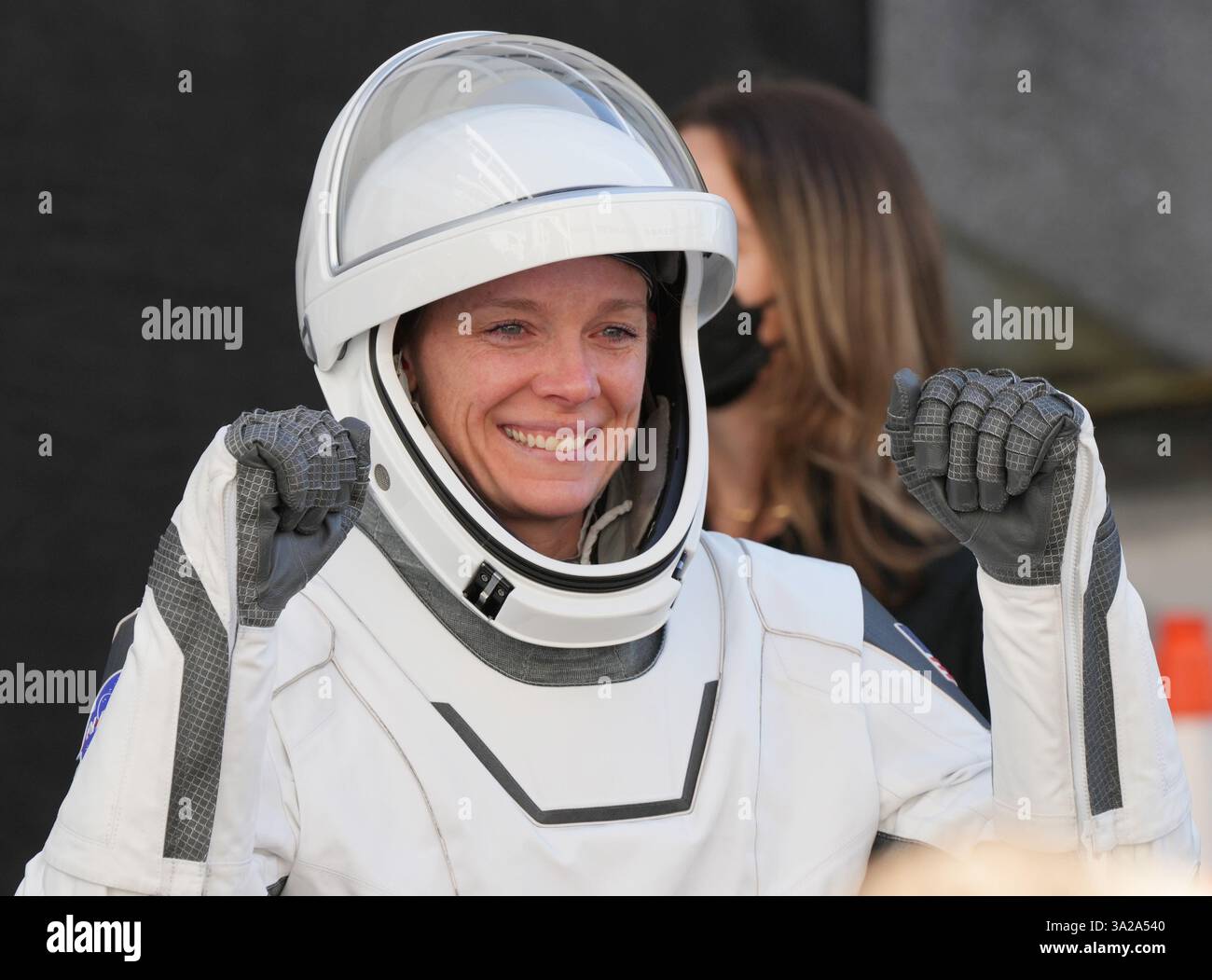 NASA Astronaut Nichole Ayers of the SpaceX NASA Crew-10 mission gestures as she walks out of the ...
