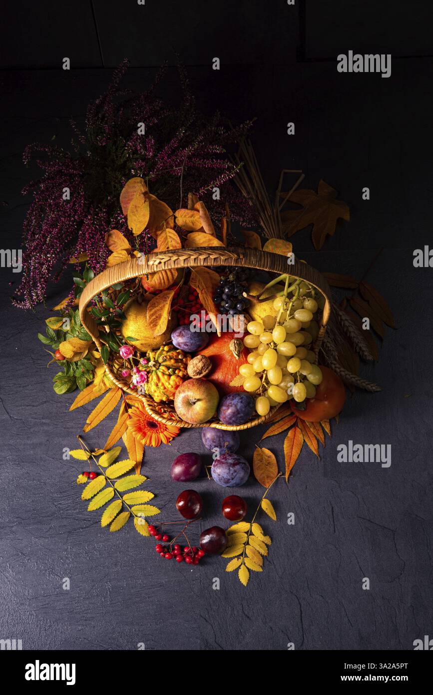 Autumn cornucopia in a round basket Stock Photo - Alamy