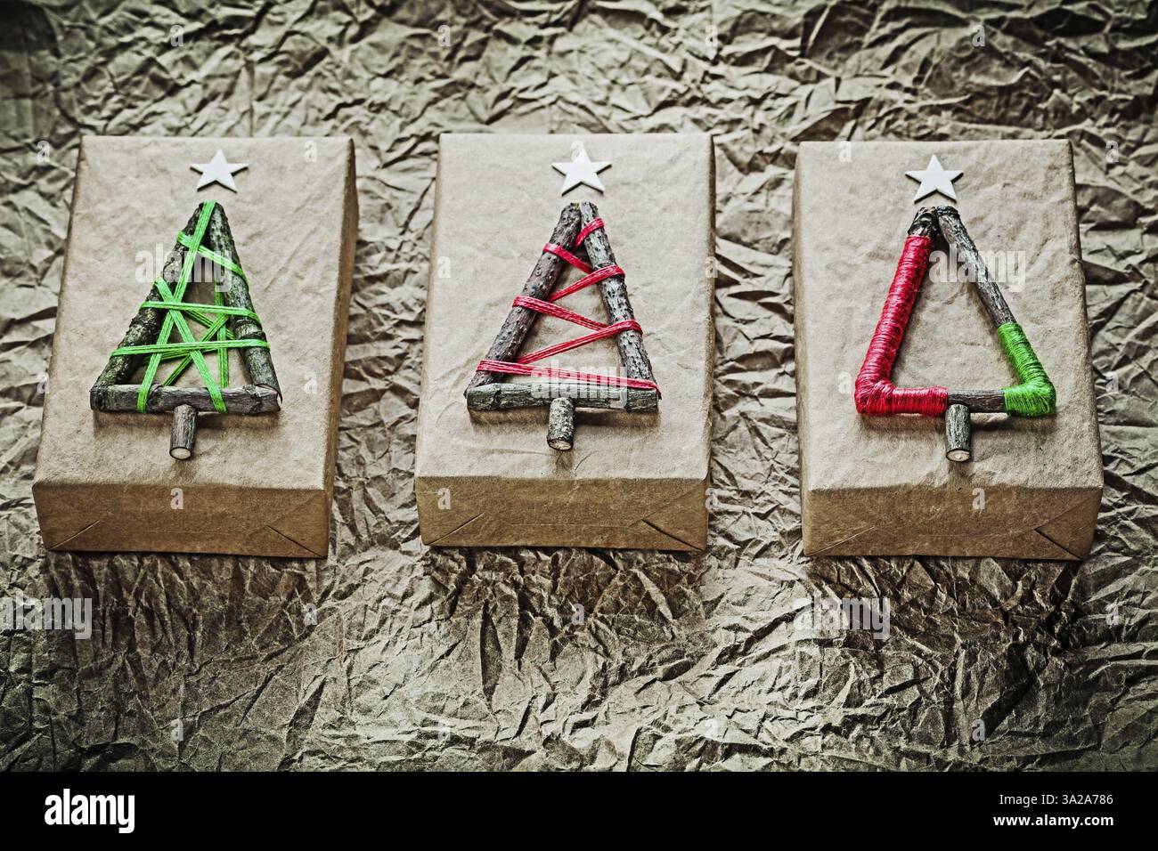 Set of Christmas handmade gift boxes on crumpled vintage paper Stock ...