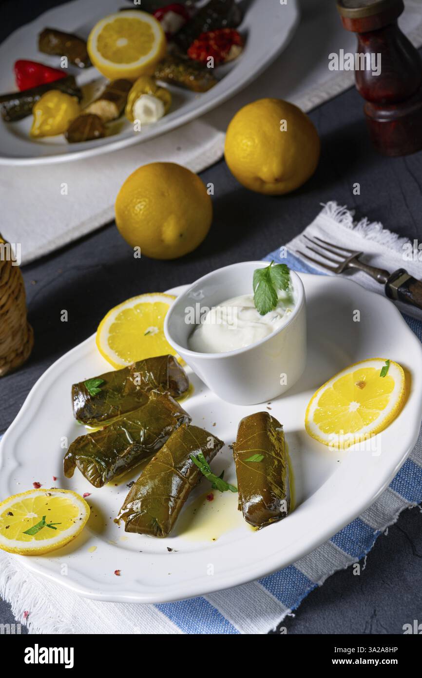 Dolmades stuffed grape leaves the Greek way Stock Photo - Alamy