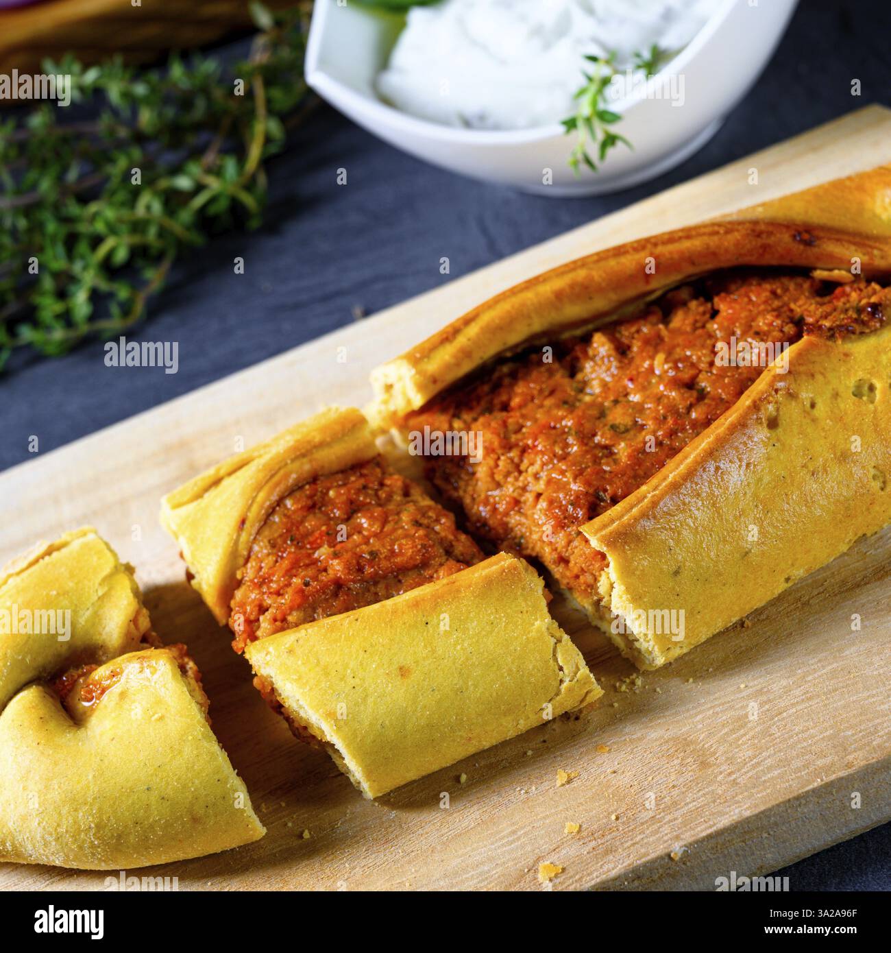 Pide with minced meat, spinach, feta and feta cheese Stock Photo - Alamy