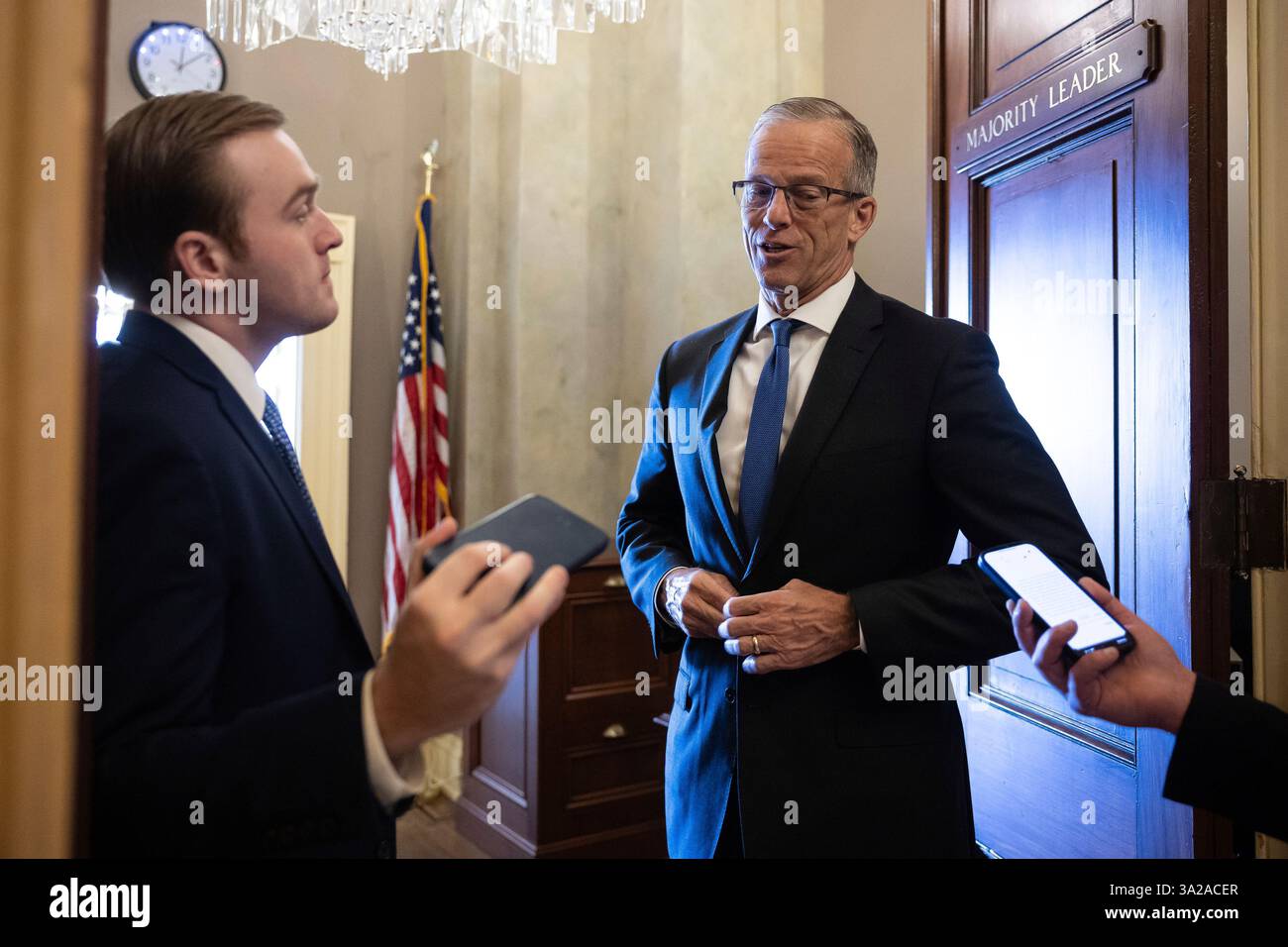 Senate Majority Leader John Thune (R-S.D.) speaks with a reporter ...