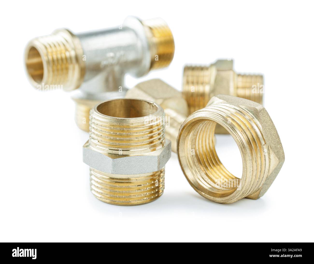 Set of brass plumbers fixtures isolated on white Stock Photo - Alamy