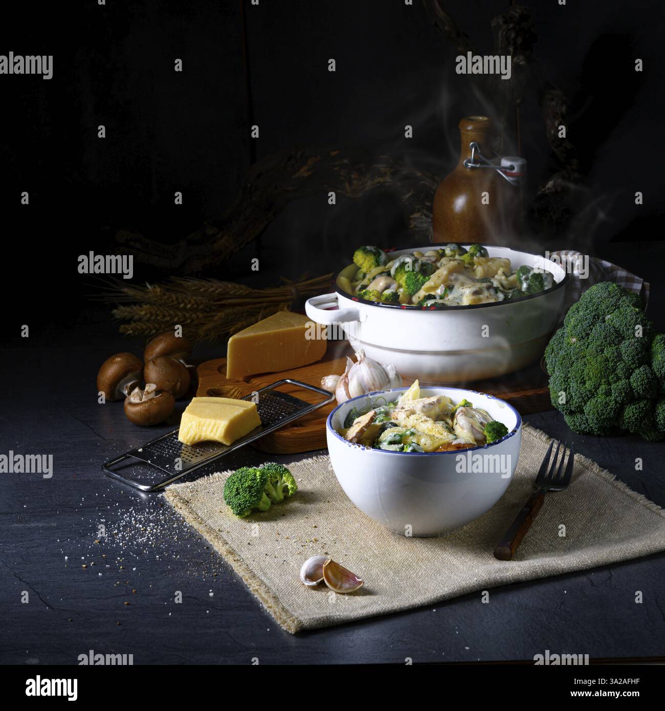 Real pasta with mushrooms, spinach and broccoli Stock Photo - Alamy