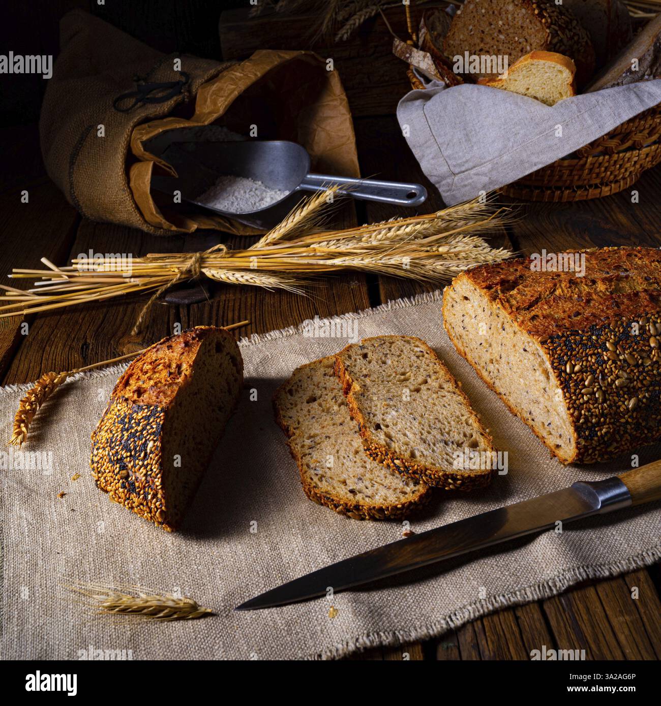 Linseed bread with a poppy seed and sesame mixture Stock Photo - Alamy