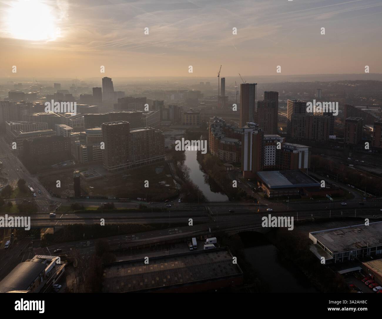 A drone captures the peaceful Leeds cityscape during early morning ...