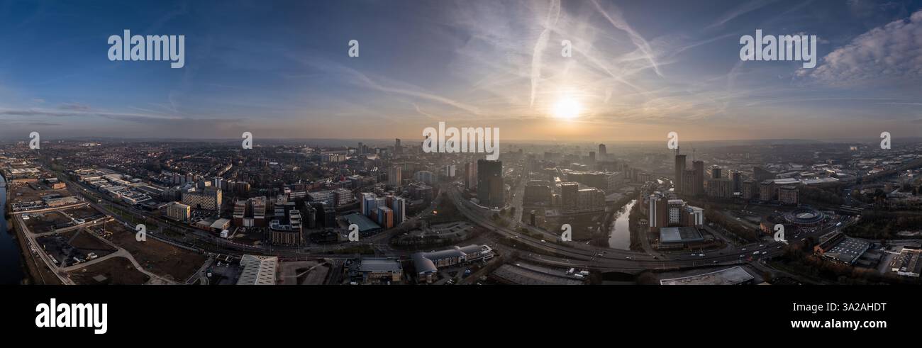 A panoramic aerial view of Leeds showcasing its vibrant cityscape ...