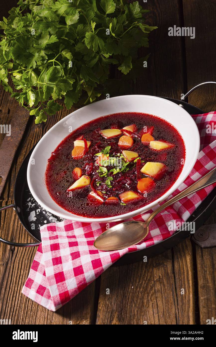 Delicious beetroot borscht with egg Stock Photo - Alamy