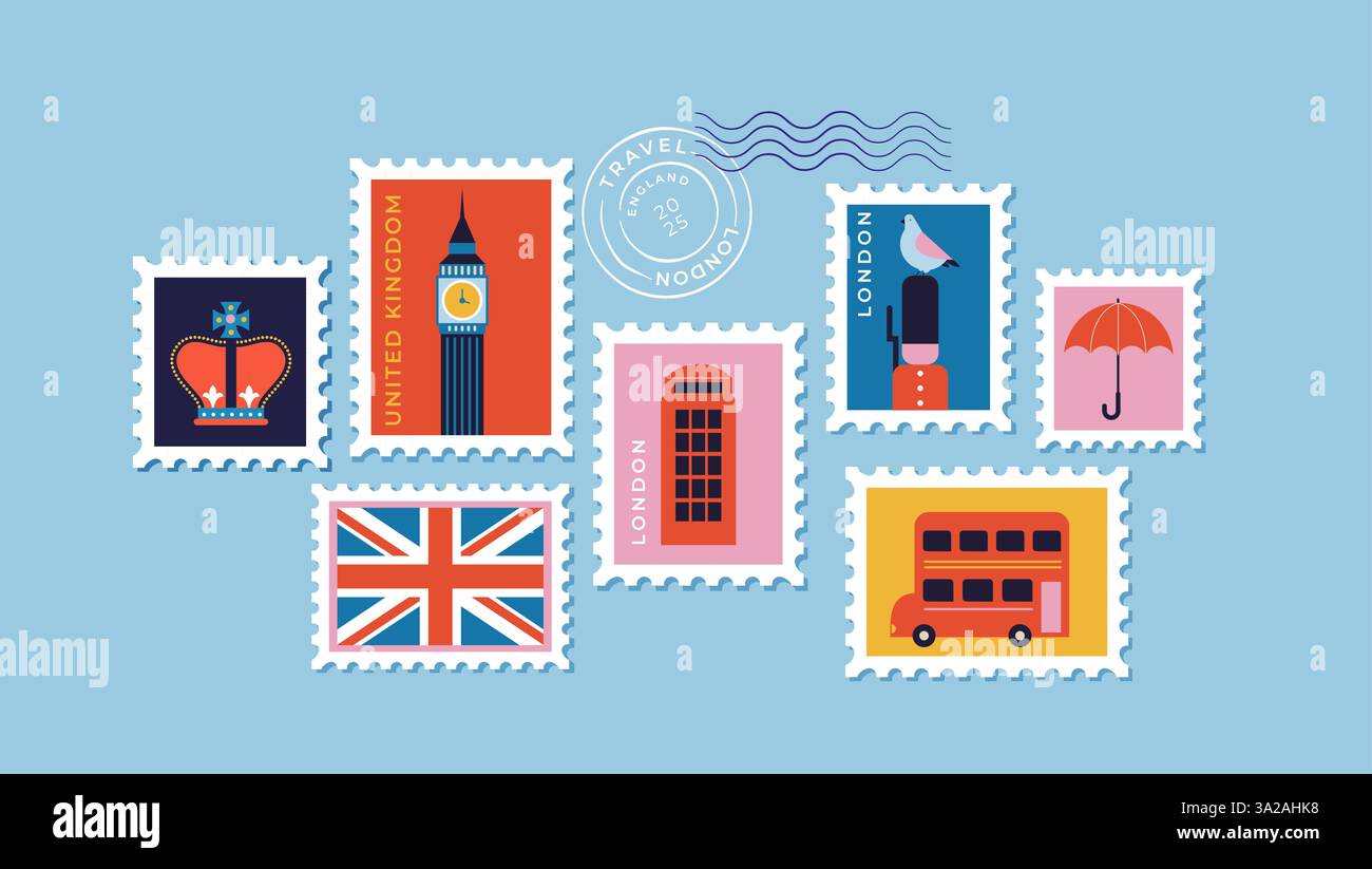 Britain Travel Stamps Collection. Vector Illustration of London Icons ...