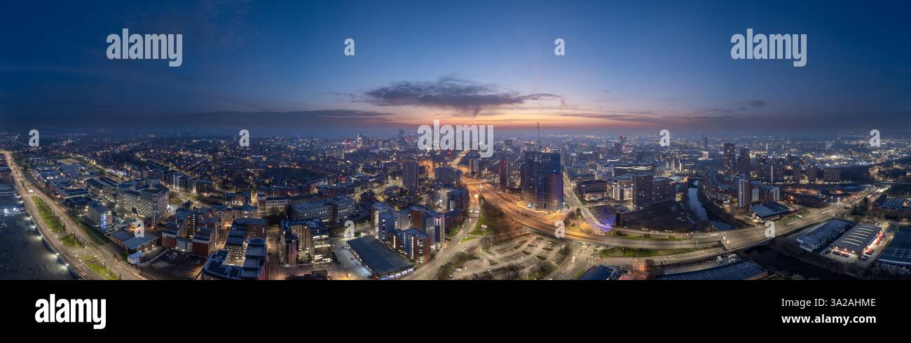 Panoramic aerial view of Leeds at dawn, highlighting the city's skyline ...