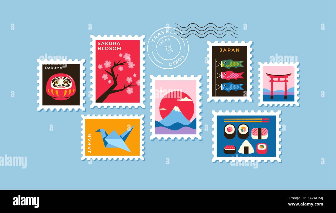 Japanese Travel Stamp Collection. Vector Illustration of Cultural Icons ...