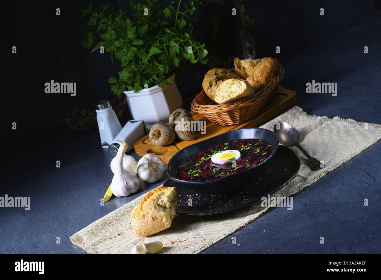 Delicious beetroot borscht with egg Stock Photo - Alamy