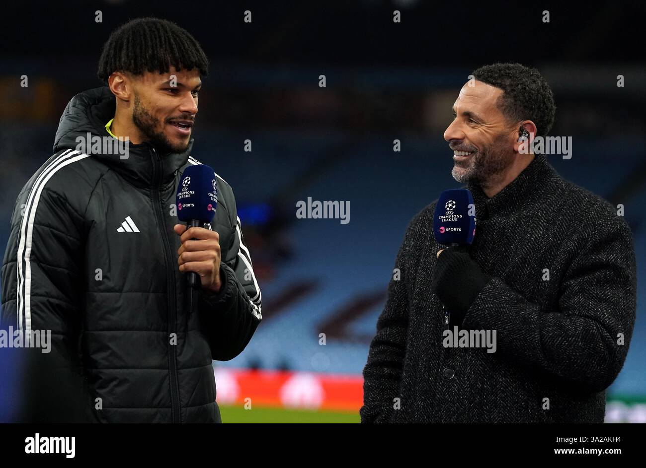 Aston Villa's Tyrone Mings is interviewed by TNT Sports' Rio Ferdinand ...