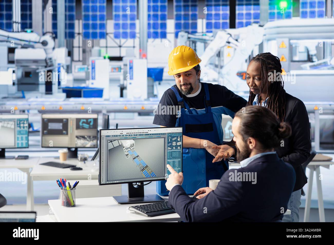 Solar panels plant engineering team analyzing performance data and ...