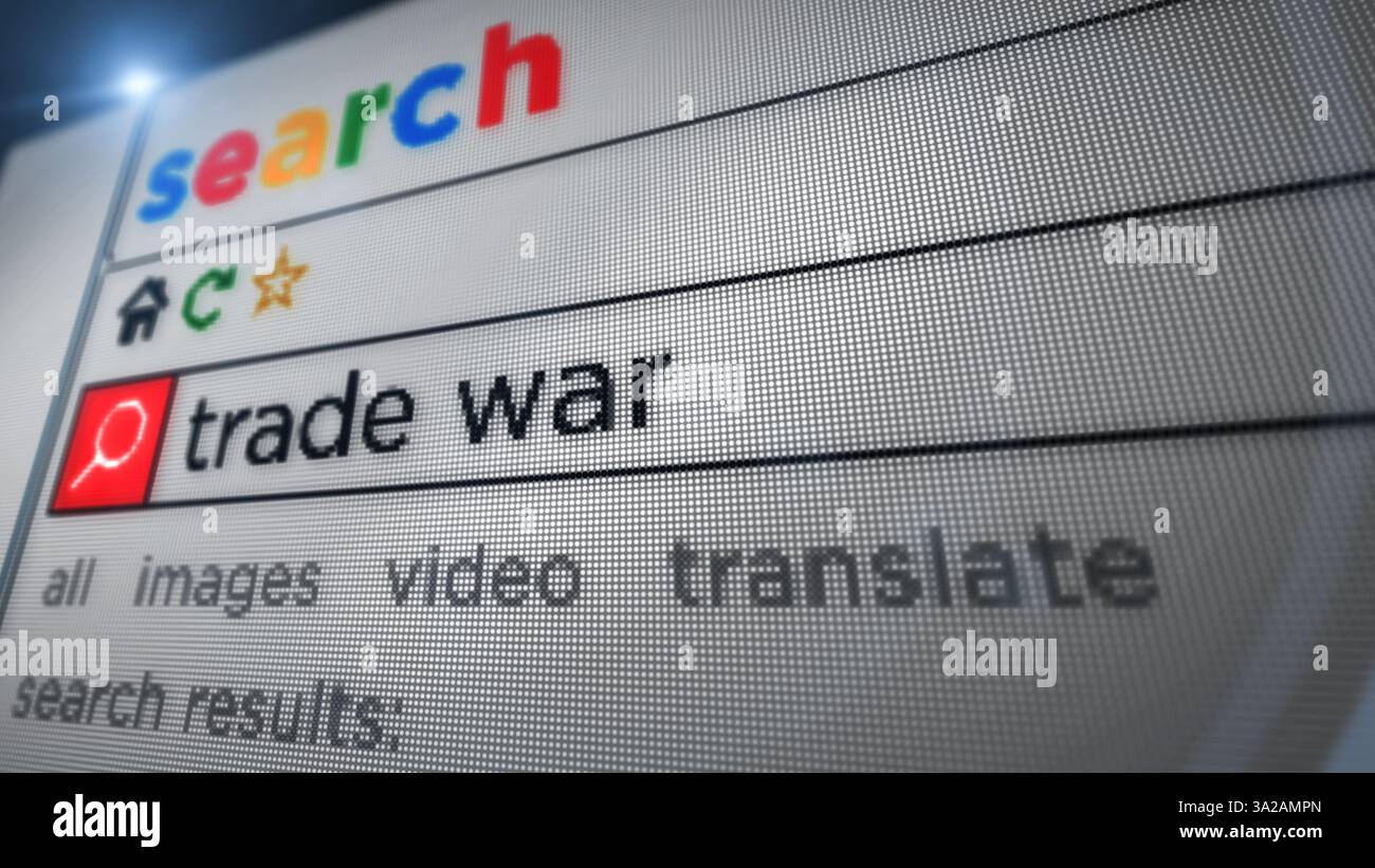 Trade war tariffs and protectionism text typing on browser screen. Searching internet with ...